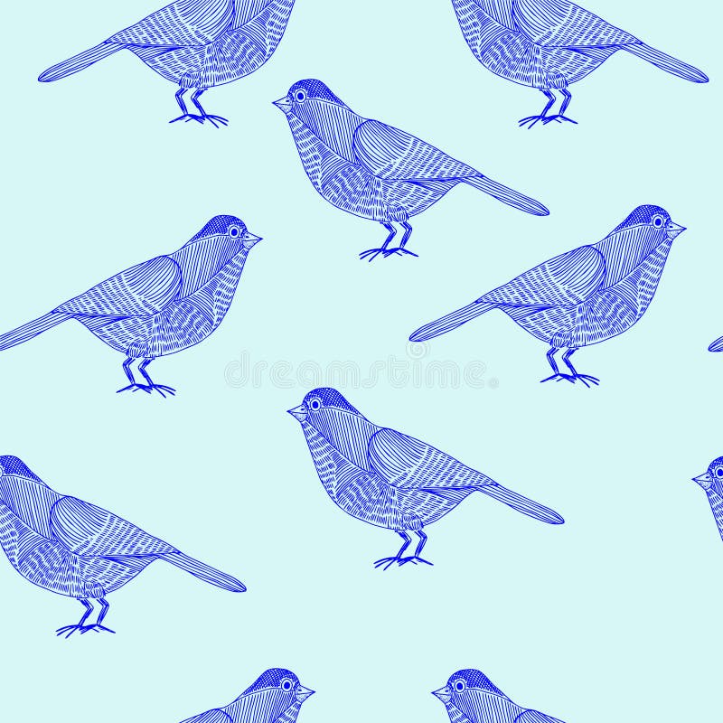 Hand Drawn Line Art of Bird, Seamless Pattern. Cute Doodle Art. Stock ...