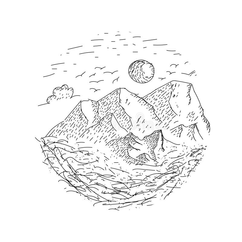 Hand Drawn Line Art Mountain with Sea Design Isolated on White ... Hand Drawn Line Art Mountain with Sea Design Isolated on White ...