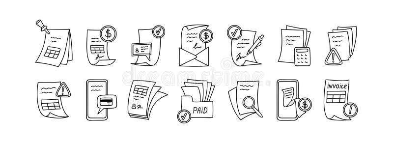 Hand Drawn Line Doodle Invoice and Paying Bill Icon Set. Online Mobile ...