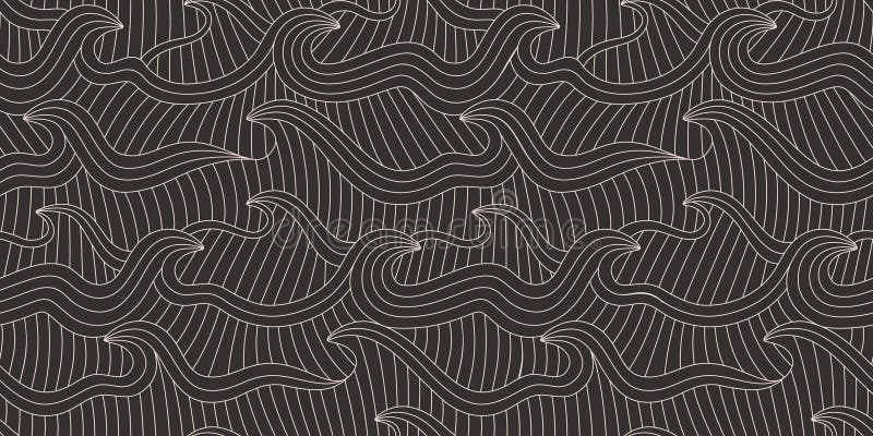 Hand Drawn Linear Dark Waves, Sea, Water Seamless Pattern. Simple ...