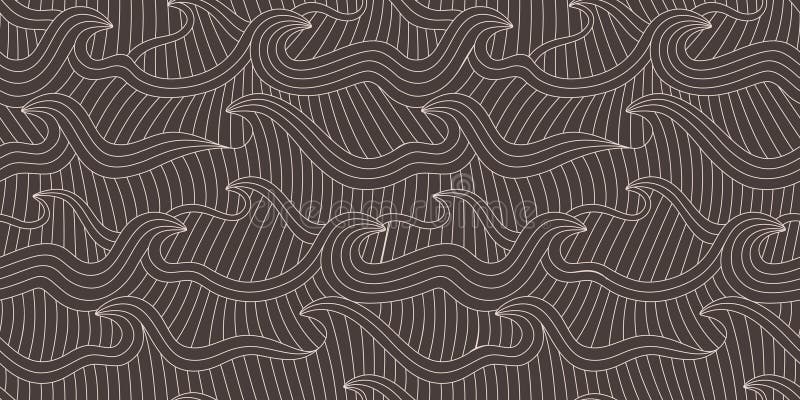 Hand Drawn Linear Waves, Ocean, Sea, Water Seamless Pattern. Dark ...