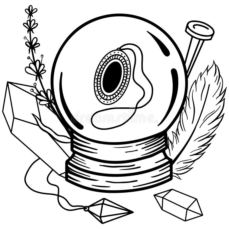Hand Drawn Magical Composition with a Magic Ball, Crystals, Amulets ...