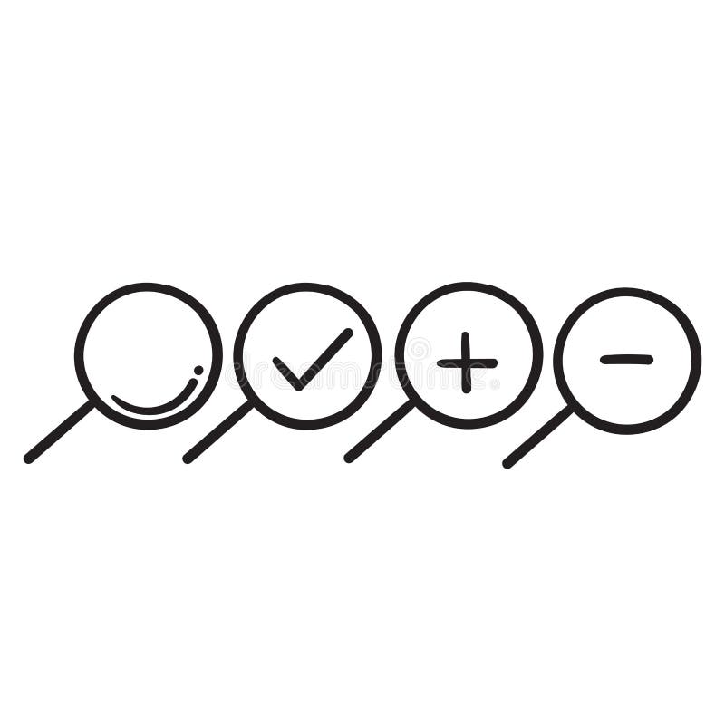 Hand Drawn Magnifying Glass Icon with Min, Plus and Check Mark Symbol ...