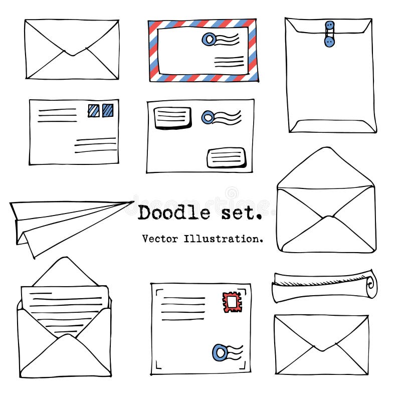 Hand Drawn Mail, Post, Letter, Envelope, Paper Plane Cartoon Set ...