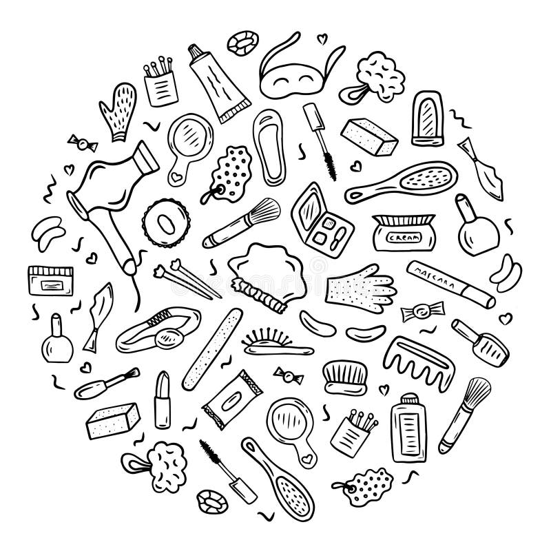 Hand Drawn Make Up Cosmetics Doodle Elements. Round Vector Illustration ...