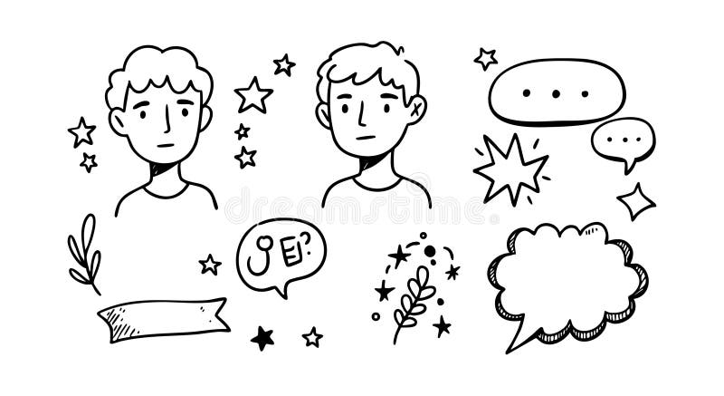 Hand Drawn Male Faces with Speech Bubbles and Decorative Elements ...