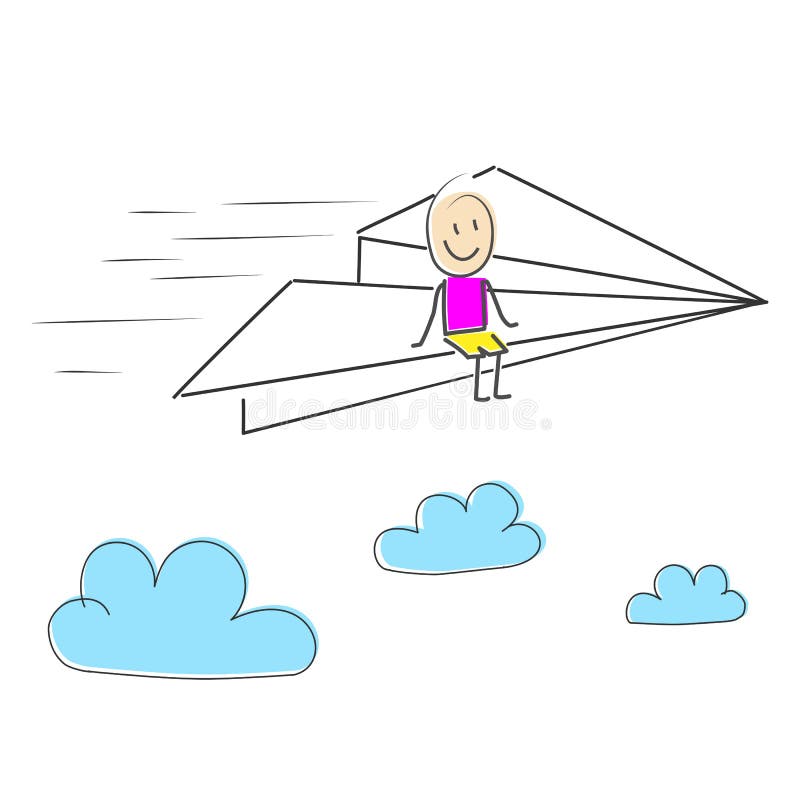 Hand-drawn Man Sits on the Wing of a Paper Airplane Stock Illustration ...