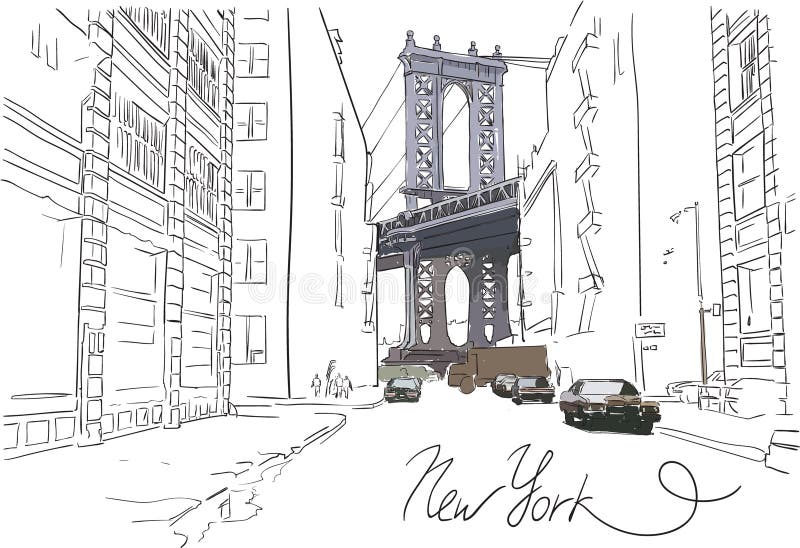 Vector Black And White Illustration Of Brooklyn Bridge In New York City ...