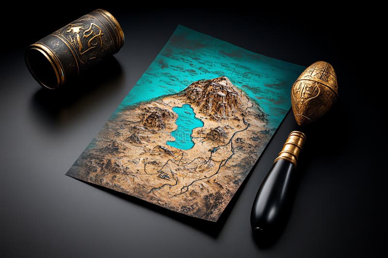 A Hand-drawn Map of a Mysterious Island with a Compass and Magnifying ...