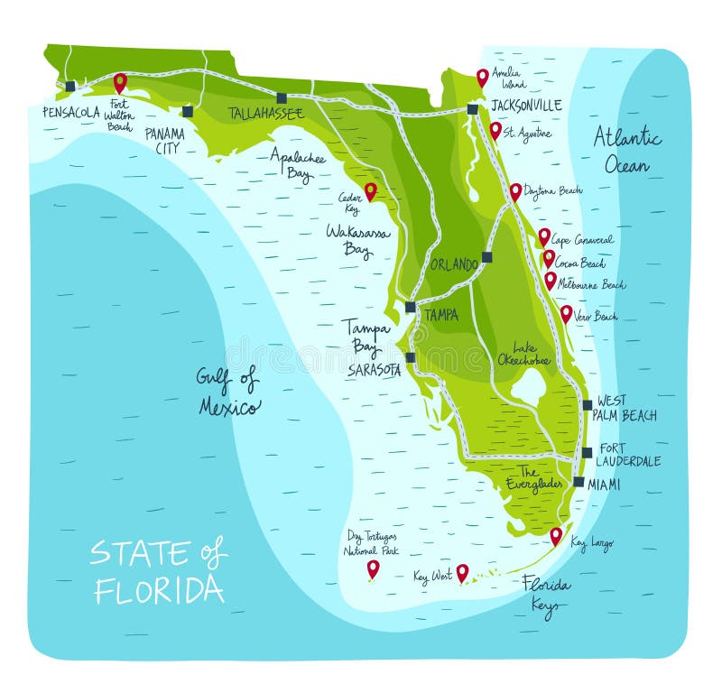 ImprimirHand Drawn Map of the State of Florida with Main Cities and ...