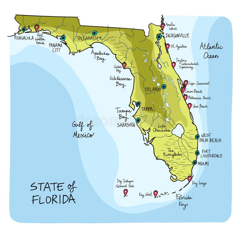 Hand Drawn Map of Florida with Main Cities and Point of Interest. Stock ...