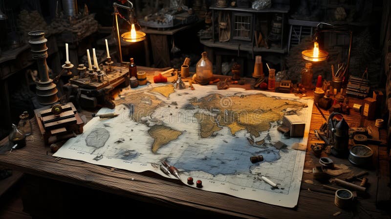 The Hand-drawn Map is on the Table. Generative AI. Stock Illustration ...