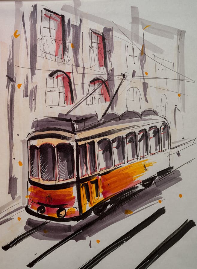 Hand Drawn Marker Sketch of a Tram Stock Illustration - Illustration of ...