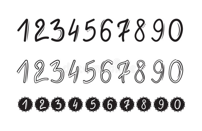 Hand-Drawn Mathematical Numbers Set in Solid, Double Thin and Patterned ...