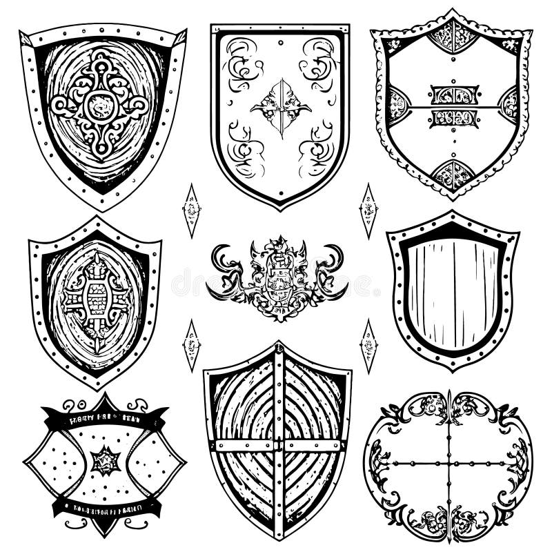 Hand Drawn Medieval Shields Set Stock Vector - Illustration of ...