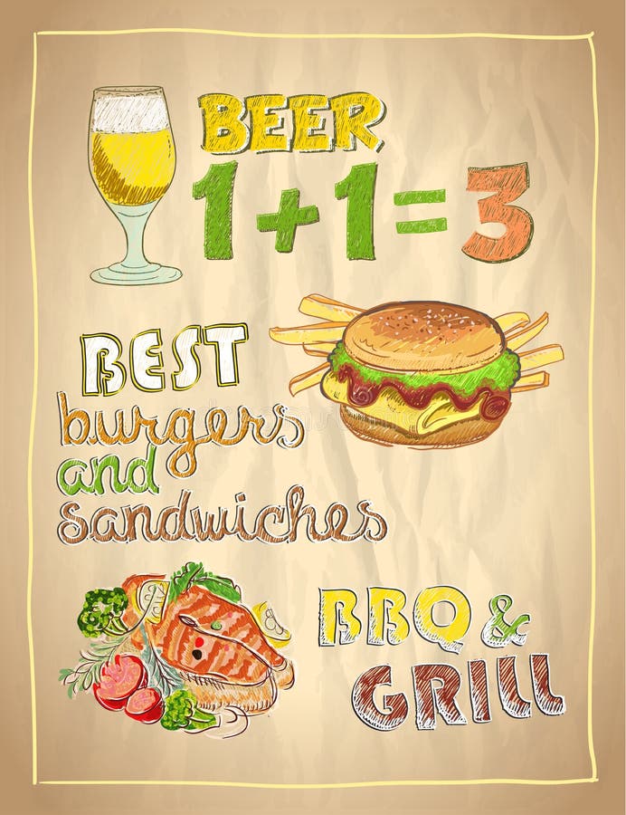 Hand Drawn Menu List with Beer, Burger and Grilled Salmon Fish Stock ...