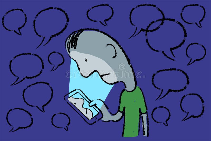 Hand Drawn Metaphor Sketch of Sad Man Looking at His Face on Mobile ...