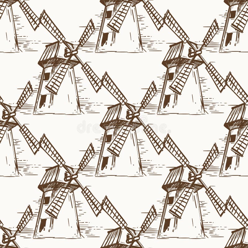 Hand Drawn Mill Seamless Pattern Stock Vector - Illustration of drawing ...