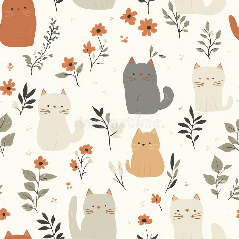 Hand-Drawn Minimalist Cats on Floral Seamless Pattern Background Stock ...