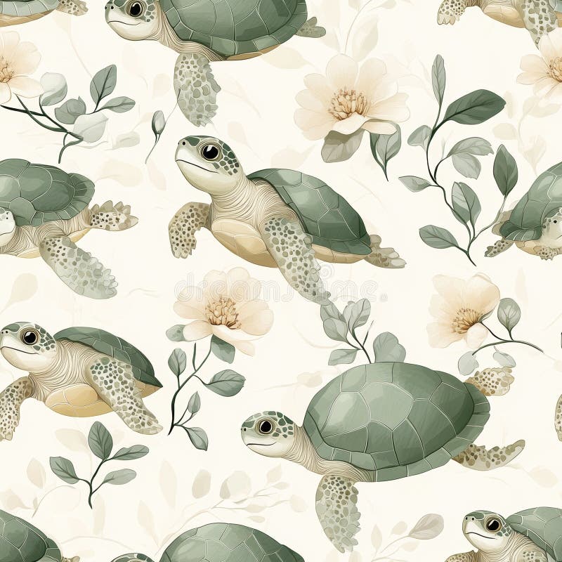 Hand-Drawn Minimalist Turtles on Soft Seamless Pattern Background Stock ...