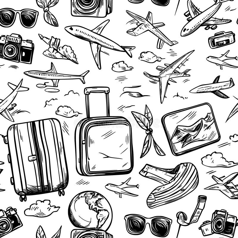 Hand Drawn Modern Illustration with Seamless Pattern of Travel Objects ...