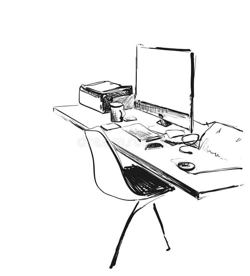 Hand Drawn Modern Workplace. Chair and Computer Sketch Stock Vector ...