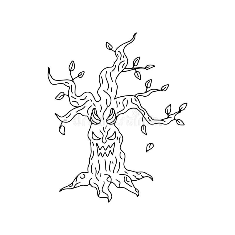 Hand Drawn Line Art Evil Tree Halloween Illustration. Stock Vector ...
