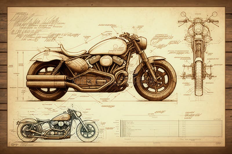 Hand-drawn Motorcycle Design, with Side View and Detailed ...