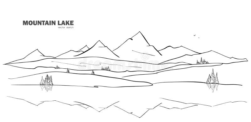 Hand Drawn Mountain Lake Sketch Landscape with Reflection. Line Design ...