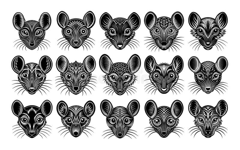 Hand Drawn Mouse Head Illustration Design Bundle Stock Vector ...