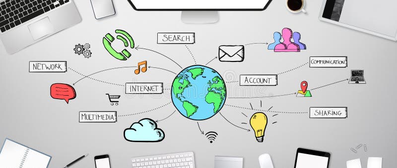 Hand-drawn Multimedia Icons on Office Background Stock Illustration ...