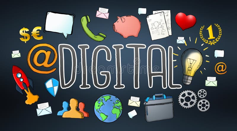 Hand-drawn Multimedia Technology Digital Text with Icons Stock ...