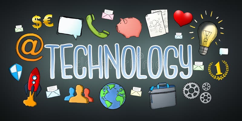 Hand-drawn Multimedia Technology Digital Text with Icons Stock ...