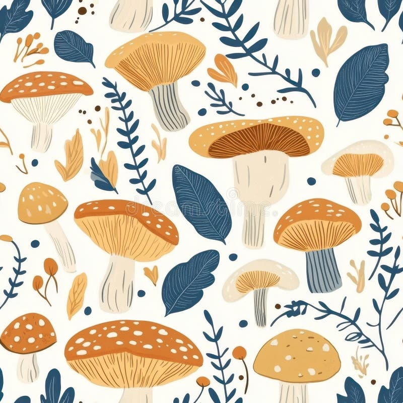 Hand-Drawn Mushroom Pattern with Leaves in Earthy Tones and Blue ...