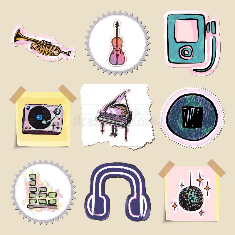 Hand Drawn Music Emblems Set. Isolated Stock Vector - Illustration of ...