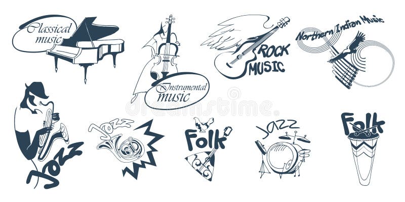 Hand Drawn Music Logotypes Set Stock Vector - Illustration of musical ...