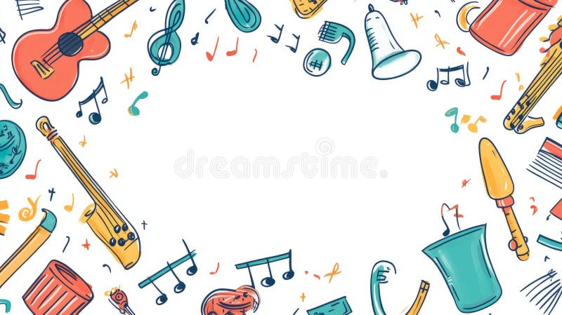 Hand-drawn Musical Instruments and Notes Frame on a White Background ...