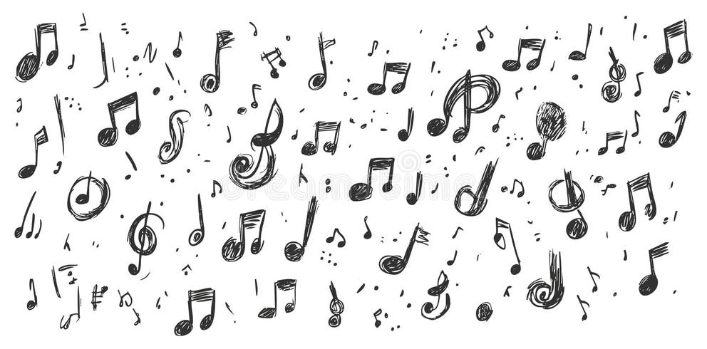 Hand-drawn Musical Notes and Symbols Scattered on a White Background ...