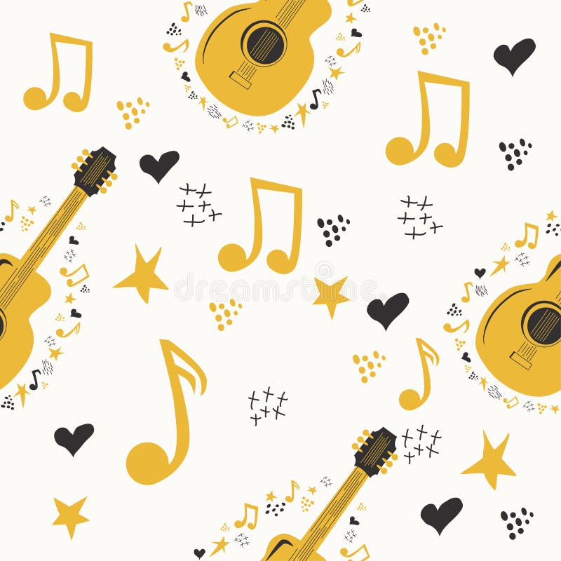 Hand-drawn Musical Seamless Pattern with Country Guitar, Stars, Notes ...