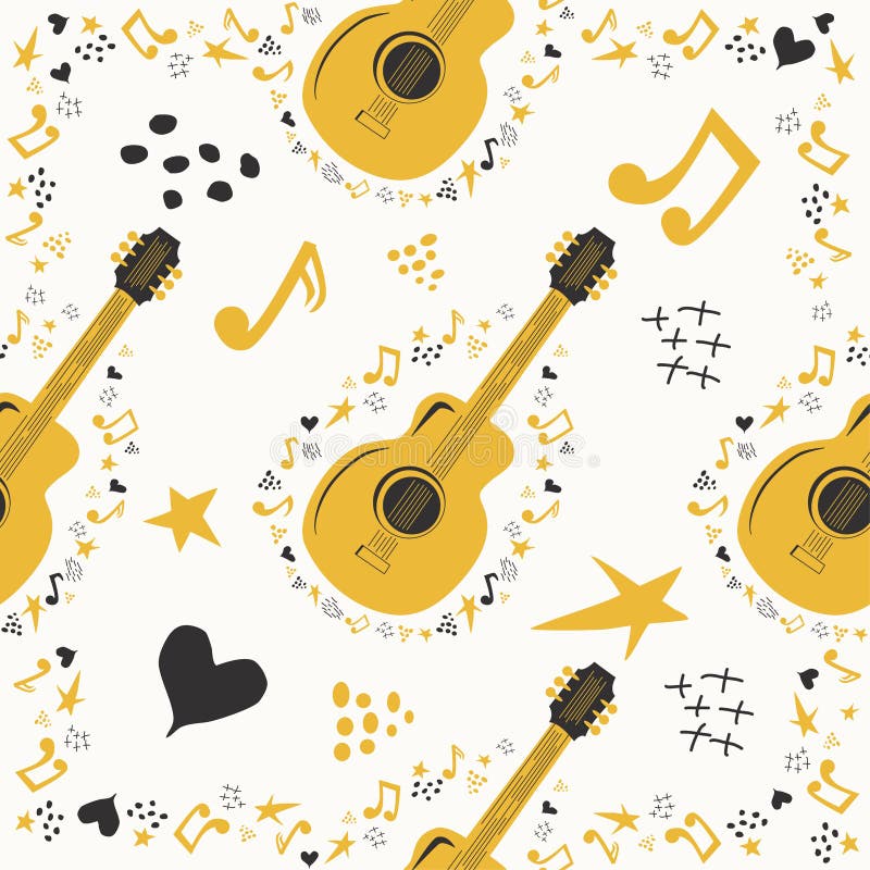 Musical Seamless Pattern with Music Notes, Guitar. Hand-drawn Country ...