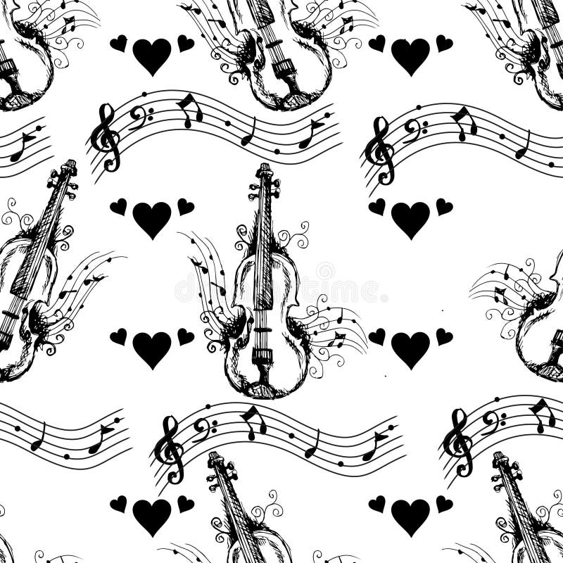 Hand-drawn Musical Violin Pattern with Notes and Hearts Stock Vector ...