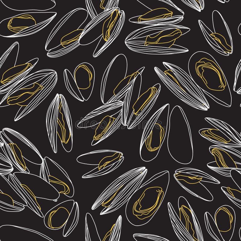 Mussels Sketch Design Seamless Line Pattern on Blue Stock Vector ...
