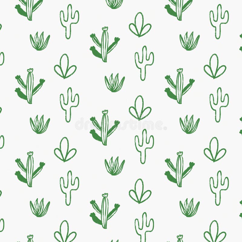Hand Drawn Nature Green Cactus Leaves Doodle Seamless Pattern Stock ...