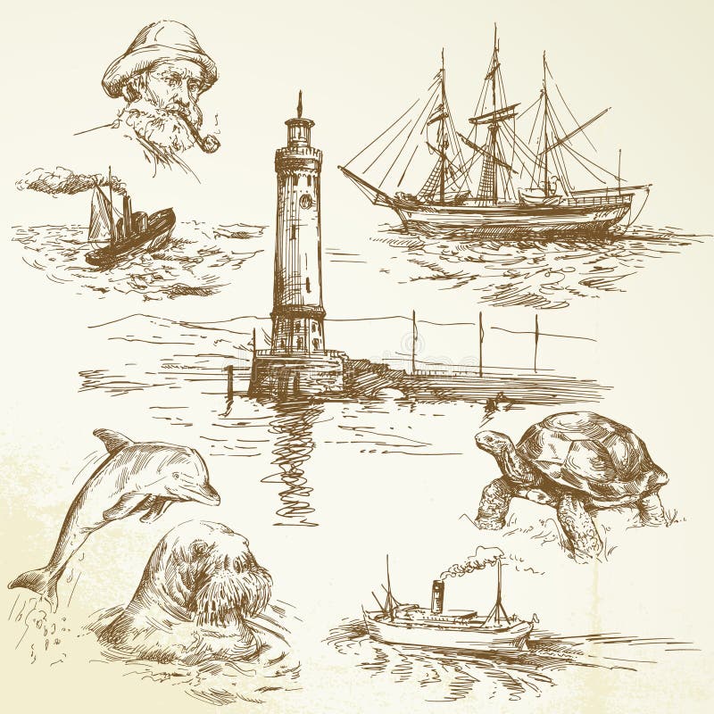 Hand Drawn Nautical Elements Stock Vector - Illustration of navigation ...