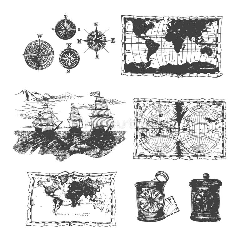 Vintage Nautical Chart, Compass, and Sailing Ships: Hand-Drawn ...