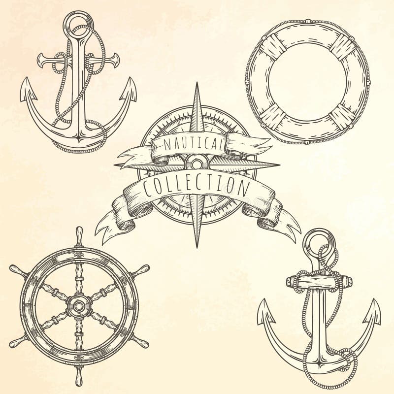 Hand Drawn Nautical Illustrations. Stock Vector - Illustration of ...