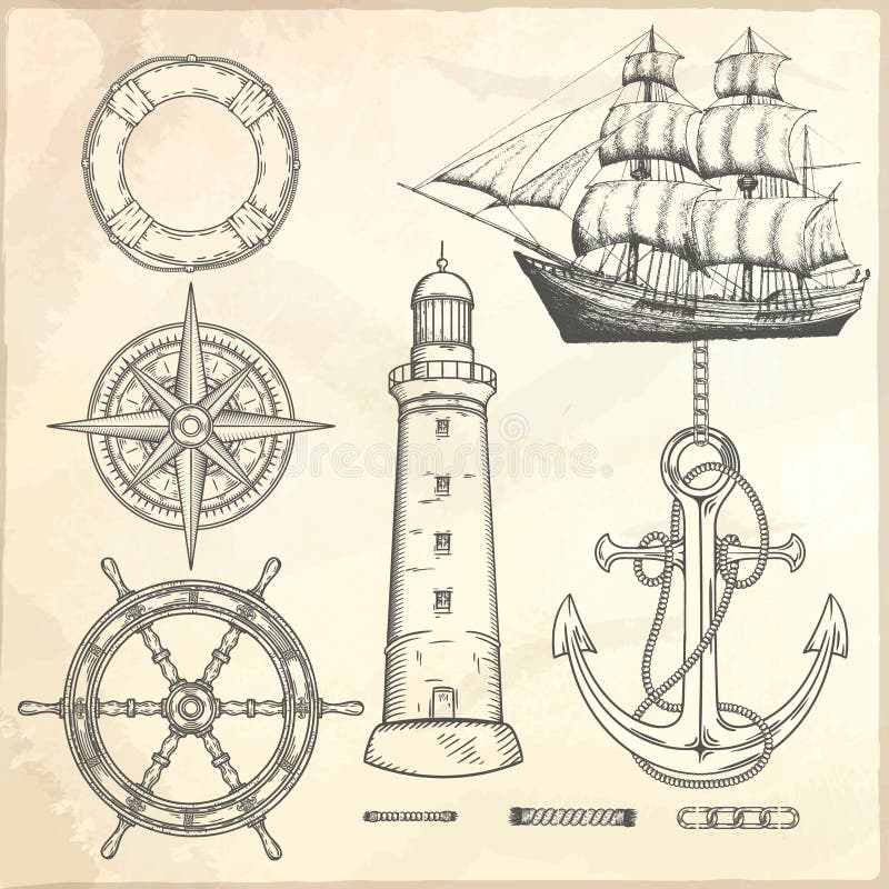 Hand Drawn Nautical Illustrations. Stock Vector - Illustration of ...