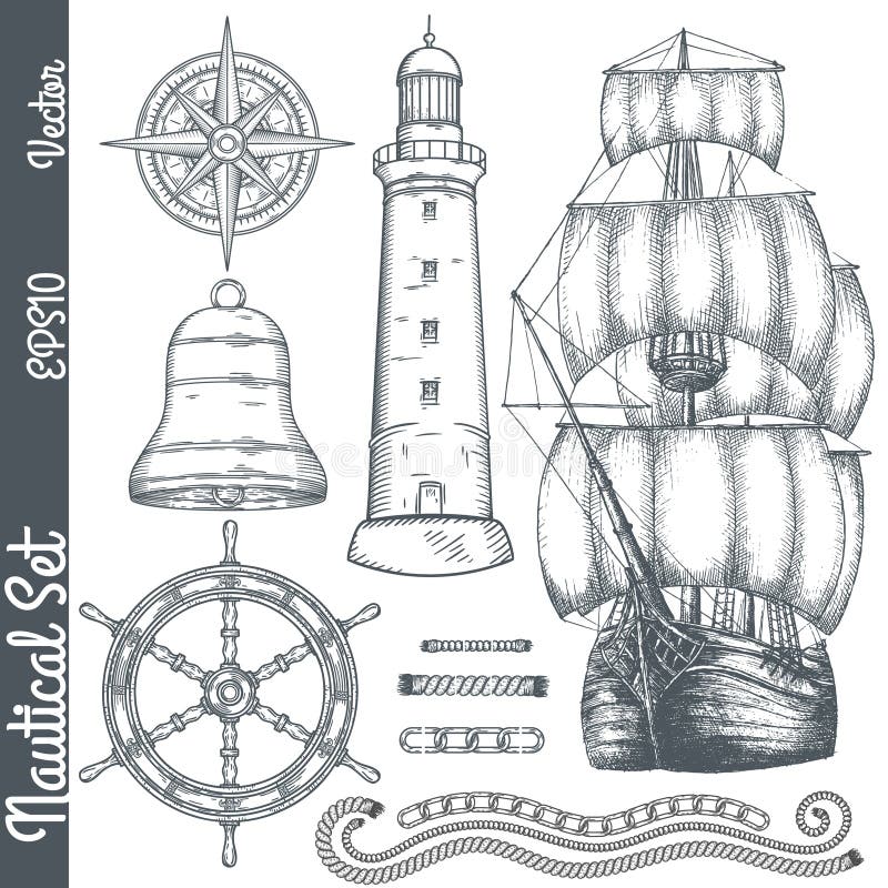 Hand Drawn Nautical Illustrations. Stock Vector - Illustration of paper ...