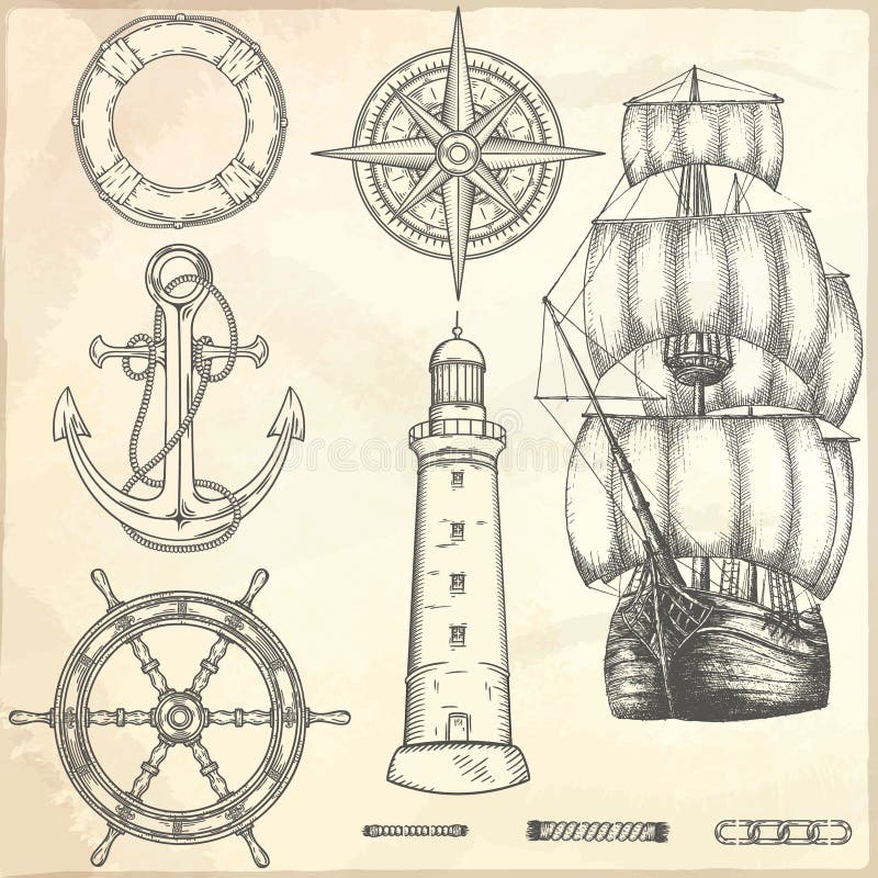 Hand Drawn Nautical Illustrations. Stock Vector - Illustration of icon ...