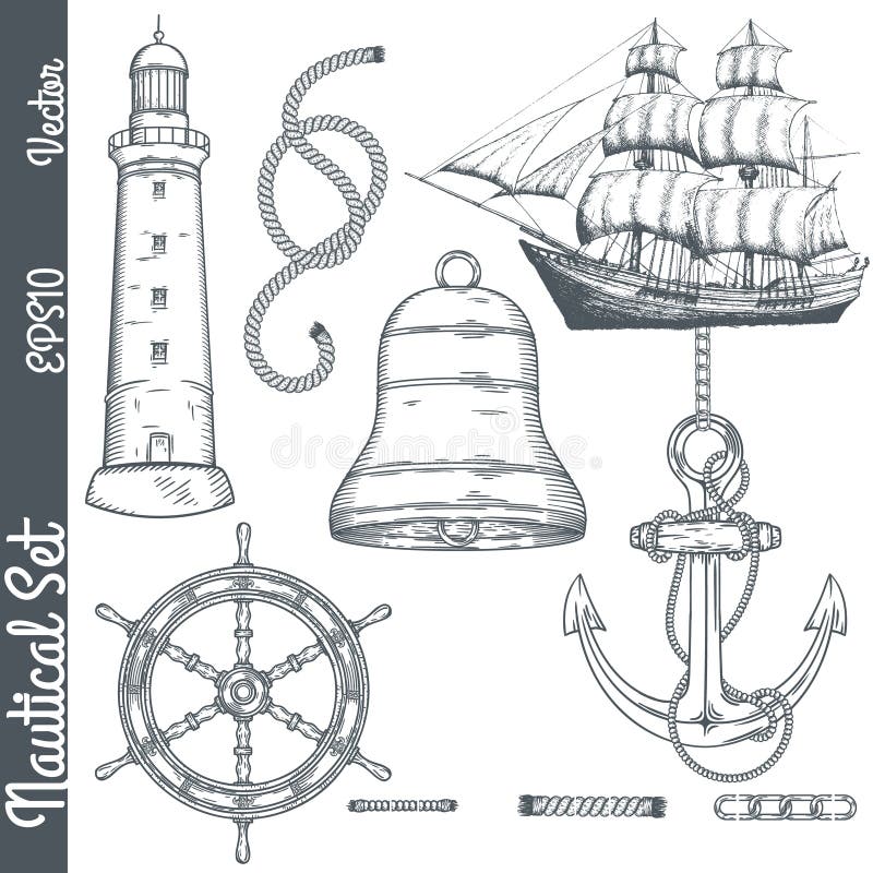 Hand Drawn Nautical Illustrations. Stock Vector - Illustration of naval ...